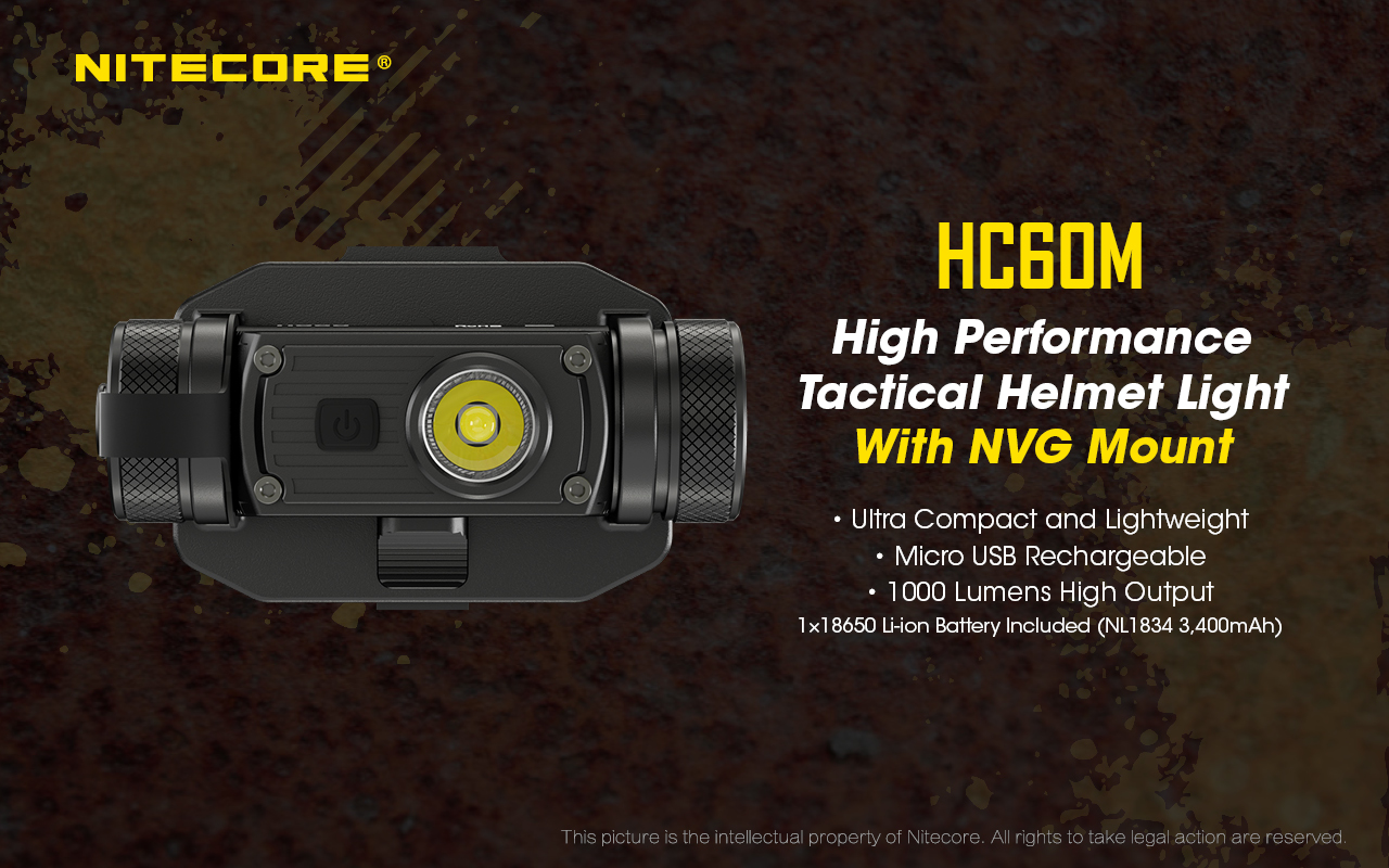 Nitecore HC60M LED Helmet Light with NVG Mount - USB Rechargeable, 1000 ...